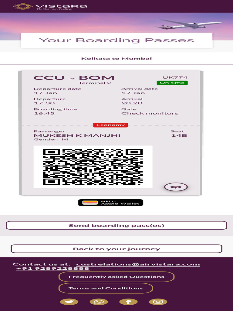 Vistara Check-In - Boarding Pass | PDF