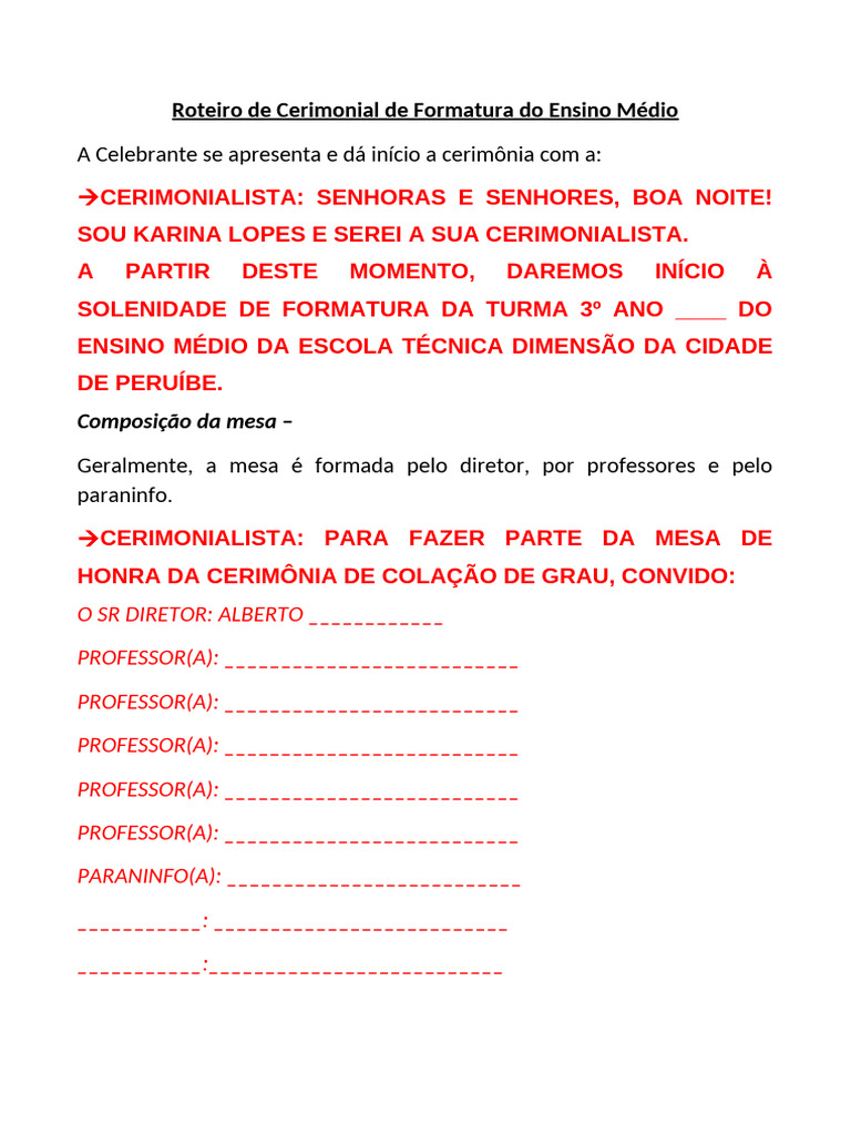 Cerimônia de Formatura Escolar | PDF