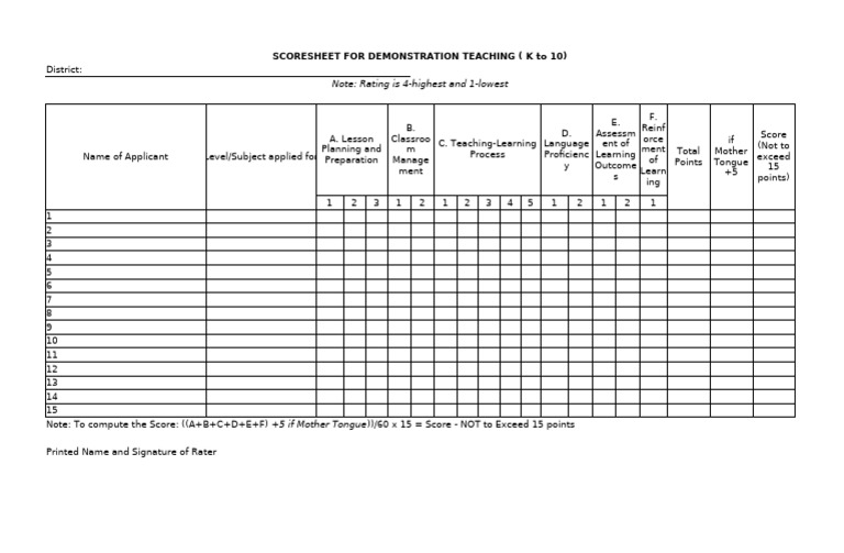 K-10 Teaching Demo Scoresheet | PDF