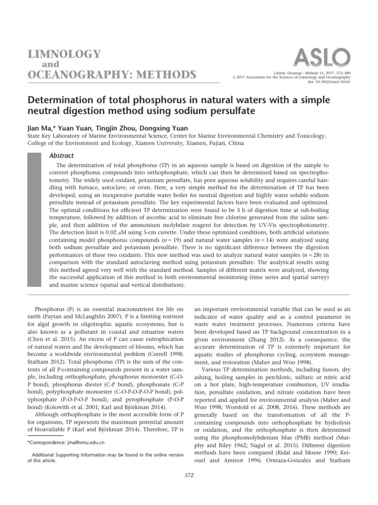 Limnology Ocean Methods - 2017 - Ma - Determination of total phosphorus in natural waters with a ...