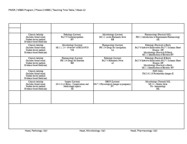 Phase-2 MBBS Week 12 Teaching Schedule | PDF | Medicine | Clinical Medicine