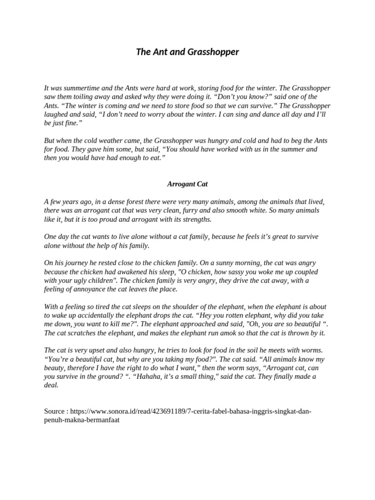 The Ant and The Grasshopper and The Arogant Cat | PDF