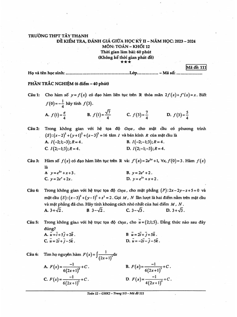 De Giua Ky 2 Toan 12 Nam 2023 2024 Truong THPT Tay Thanh TP HCM | PDF
