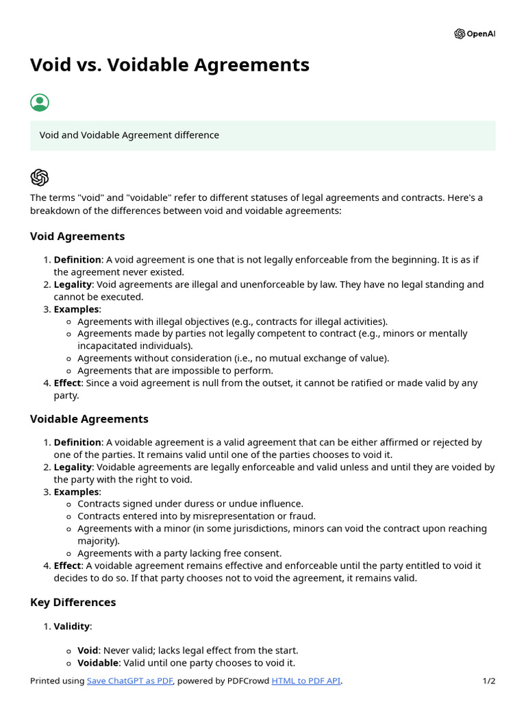Void vs. Voidable Agreements | PDF | Void (Law) | Law Of Obligations
