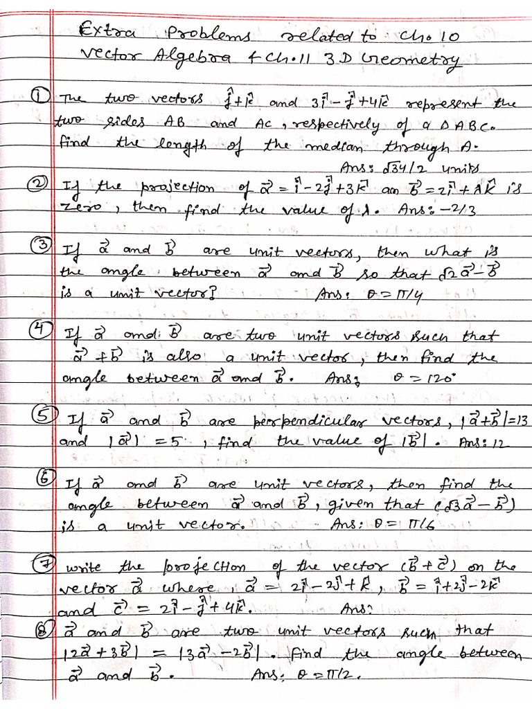 Maths XII Important Questions From Ch.10 Vectors Ch.11 3D Geometry | PDF
