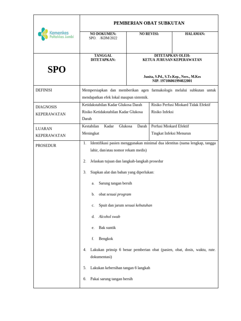 Sop Pemberian Obat Subkutan (Insulin) | PDF