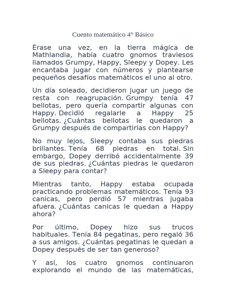 Cuento Matemático Sustracciones | PDF