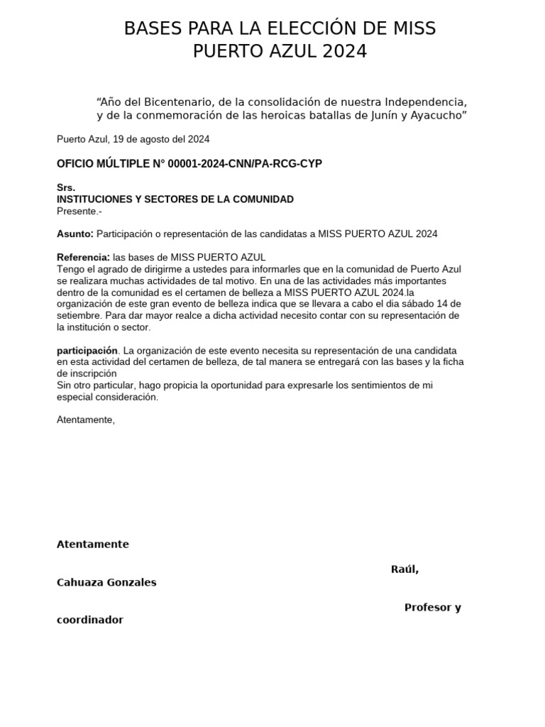 Bases Miss Codo Del Pozuzo 2023 | PDF