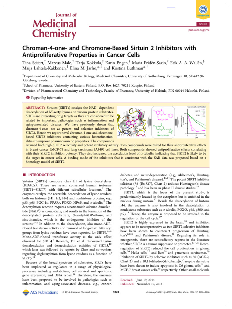 Seifert Et Al 2014 Chroman 4 One and Chromone Based Sirtuin 2 ...
