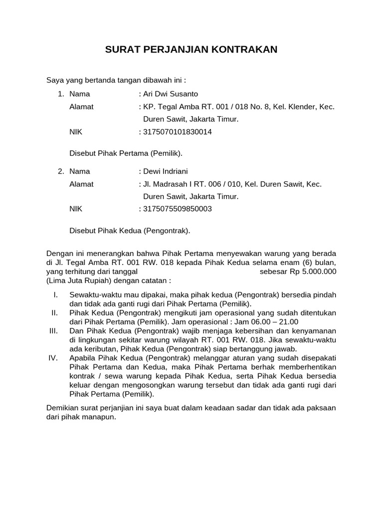 Surat Perjanjian Kontrakan | PDF