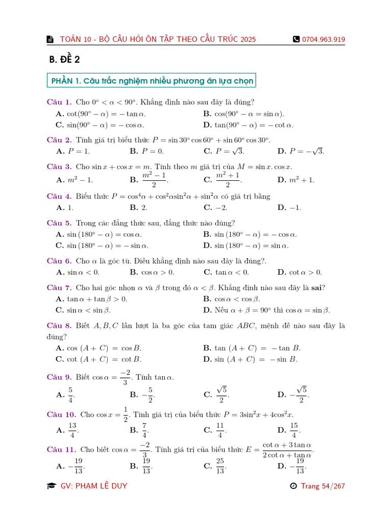 BTB2 - hệ thức lượng giác | PDF