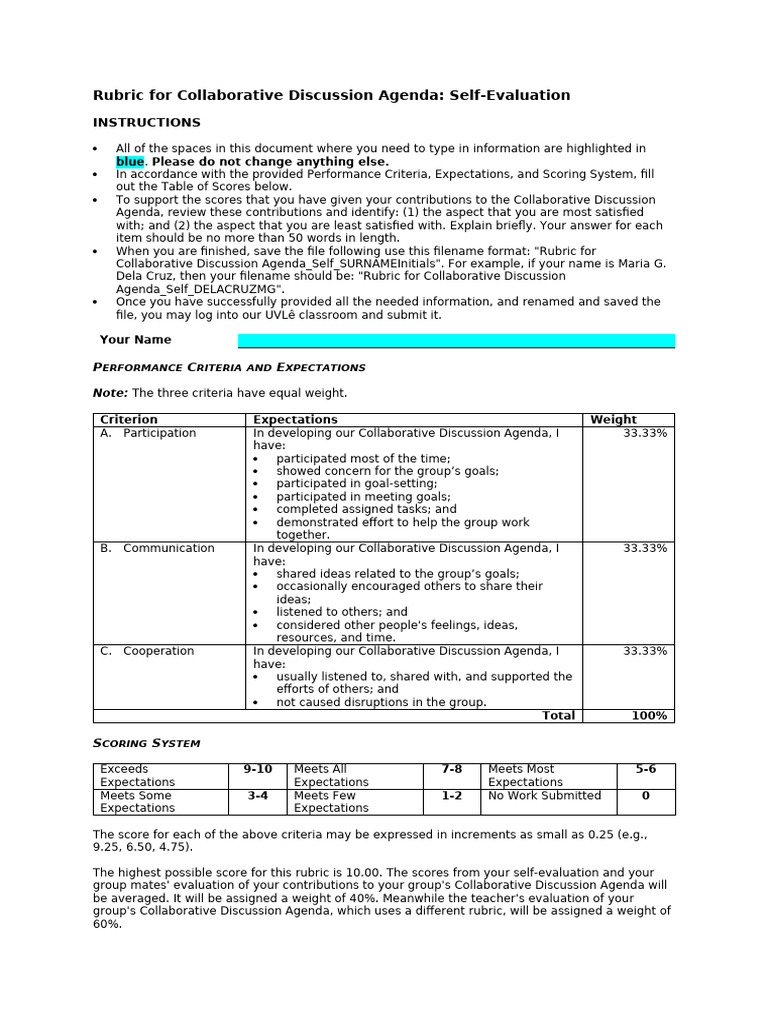 Rubric For Collaborative Discussion Agenda - Self - TIBAYJMN | PDF ...