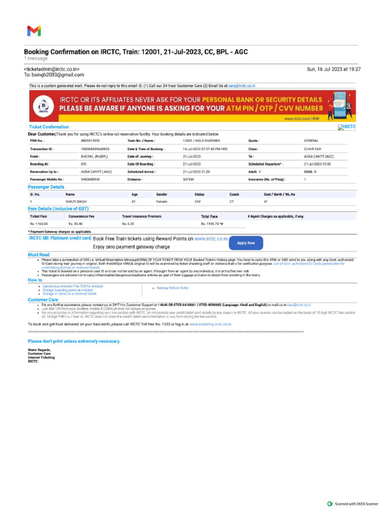 Gmail - Booking Confirmation On IRCTC, Train - 12001, 21-Jul-2023, CC ...