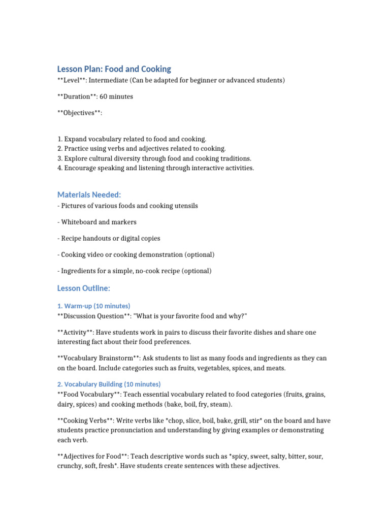 Intermediate Food and Cooking Lesson Plan | PDF | Foods | Cooking