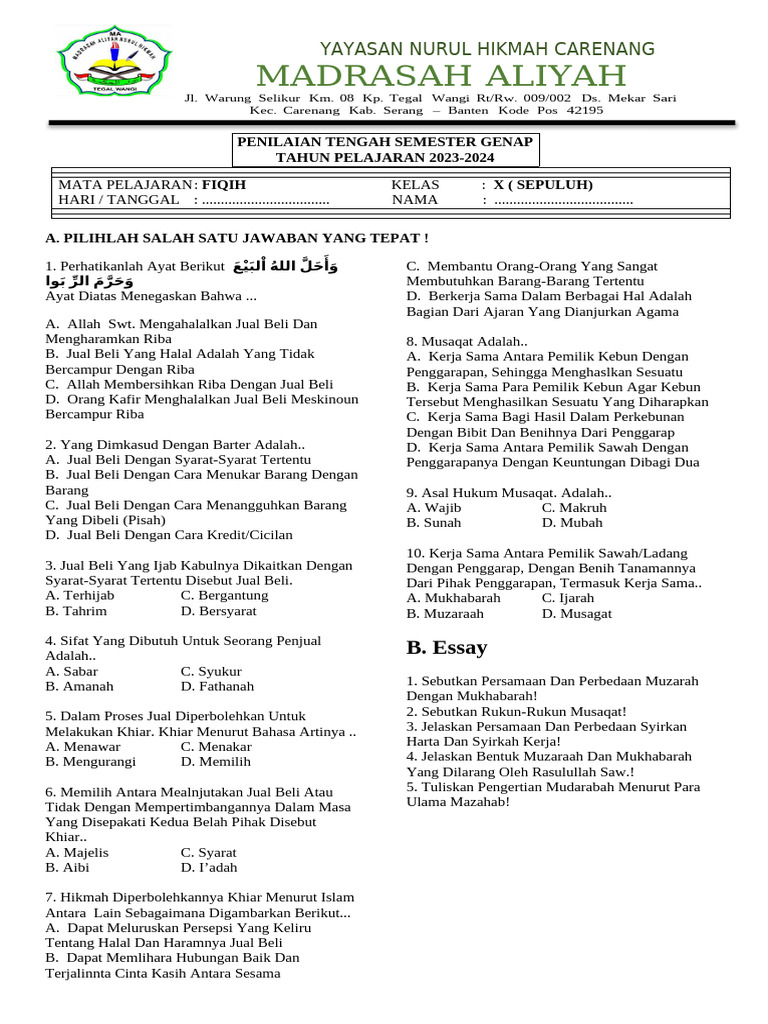 Pts Fiqih Kls 10 Genap 2024 | PDF