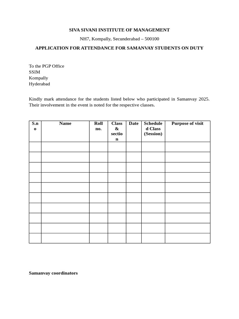SSIM Samanvay Leave Application | PDF