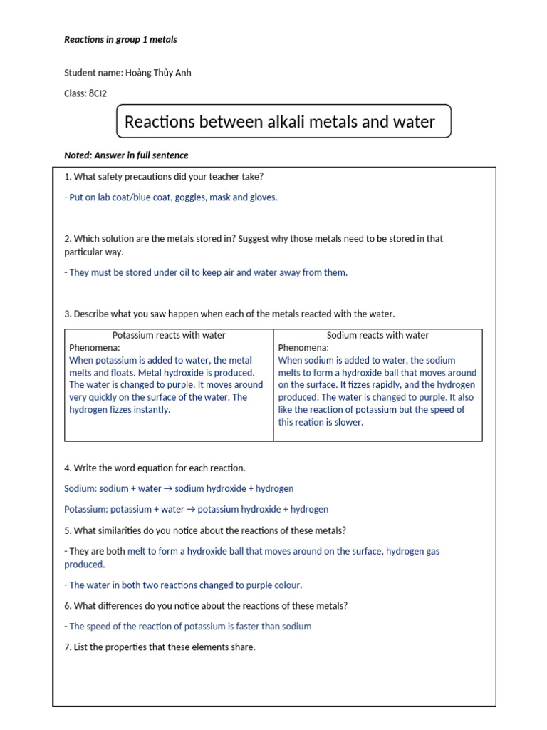 Alkali Metals' Reactions with Water | PDF