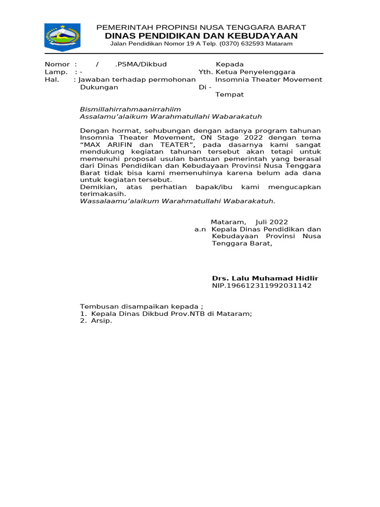 Surat Jawaban Proposal On Stage 2022 | PDF