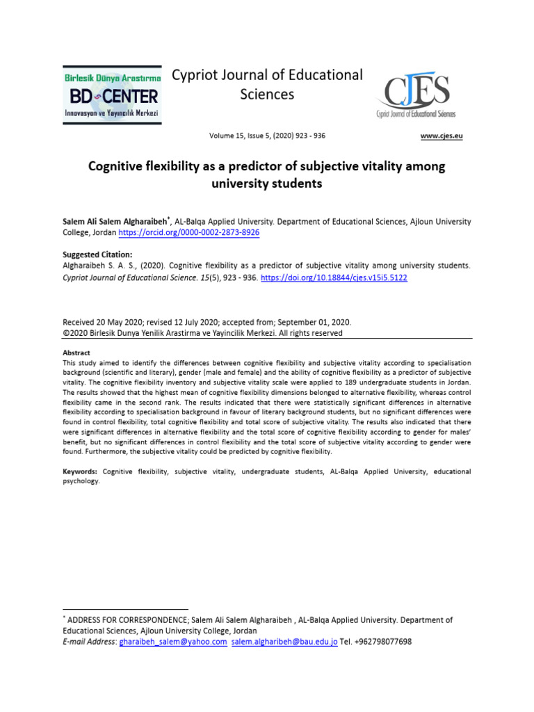 Cognitive Flexibility As A Predictor of Subjective Vitality Among University Students. Cypriot ...