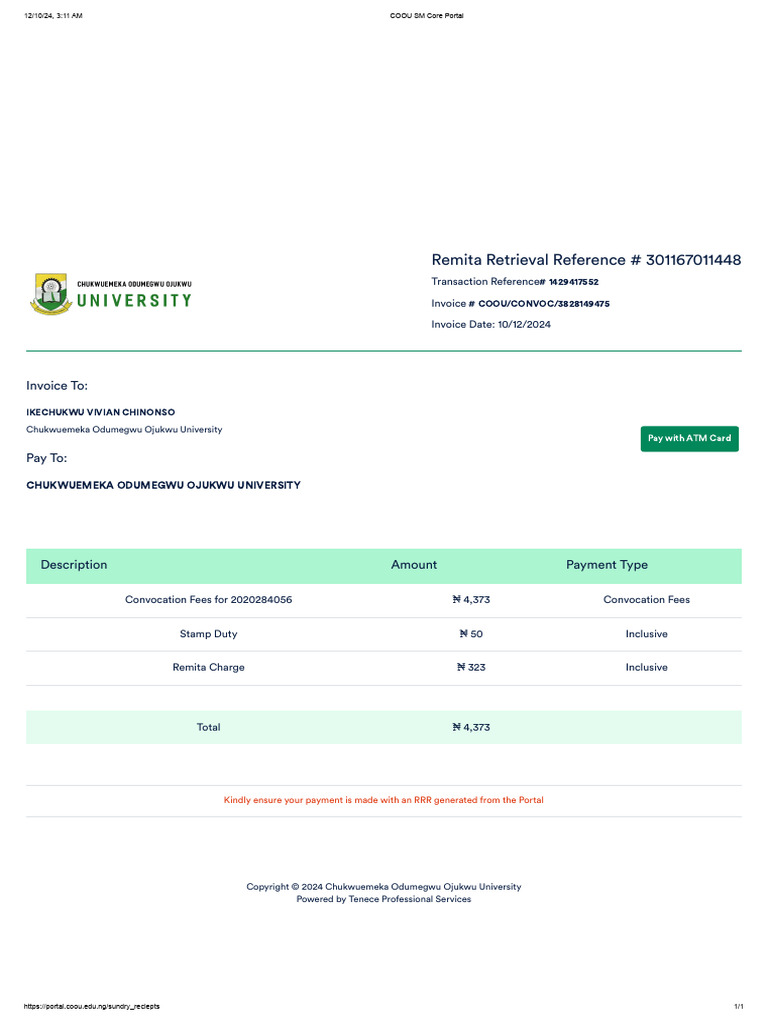 Remita Retrieval Reference # 301167011448: Invoice To | PDF