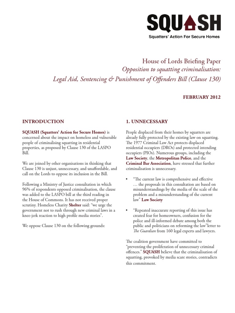 Lords Briefing LASPO Bill 2012 - SQUASH | PDF | Squatting | Homelessness