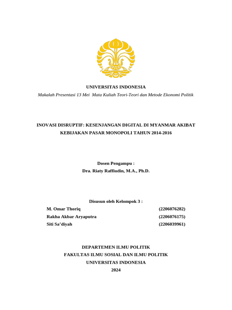 Kelompok 3 - Kesenjangan Digital Di Myanmar Akibat Kebijakan Pasar Monopoli Tahun 2014-2016 | PDF