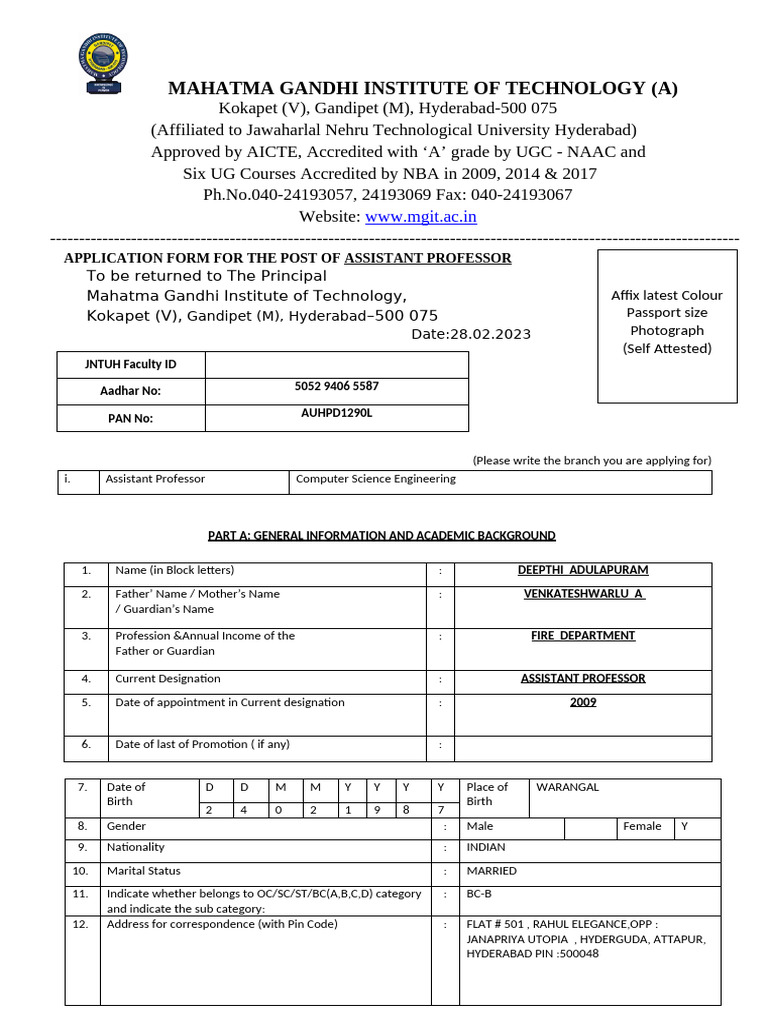 Assistant Professor Application Form | PDF