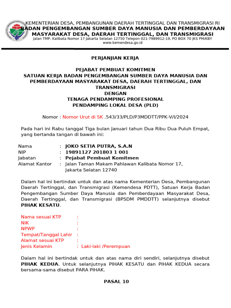 01- SURAT PERJANJIAN KERJA PLD LAMA 2024 PERPANJANGAN - kirim Cetak | PDF