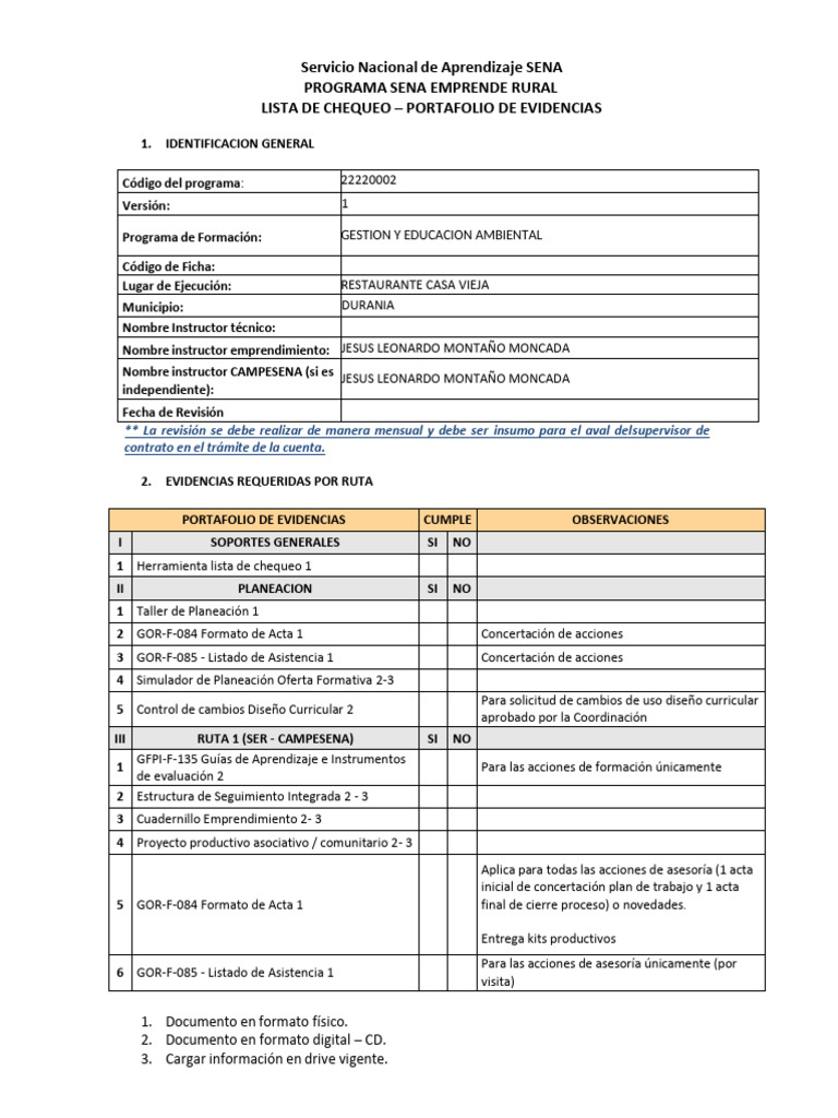 LISTA DE CHEQUEO - FORMACION COMPLEMENTARIA (GESTION Y EDUCACION AMBIENTAL) | PDF