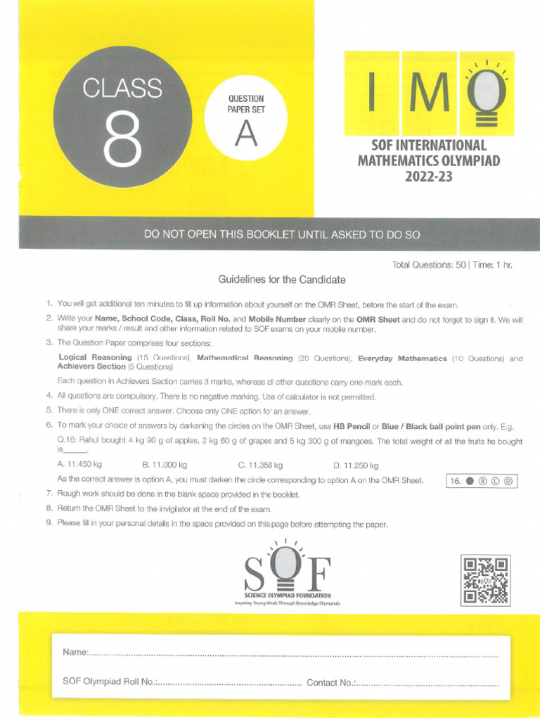 IMO Class VIII 2022-23 | PDF