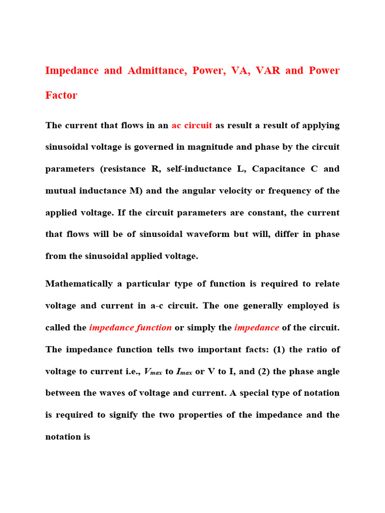 Impedance, Admittance and Power | PDF | Ac Power | Electrical Impedance