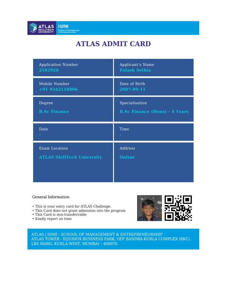 Atlas Admit Card: 2502920 Palash Sethia | PDF