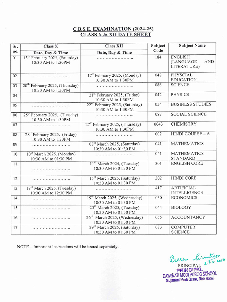 Board Examination Date Sheet Class X - Xii 2024-25 | PDF