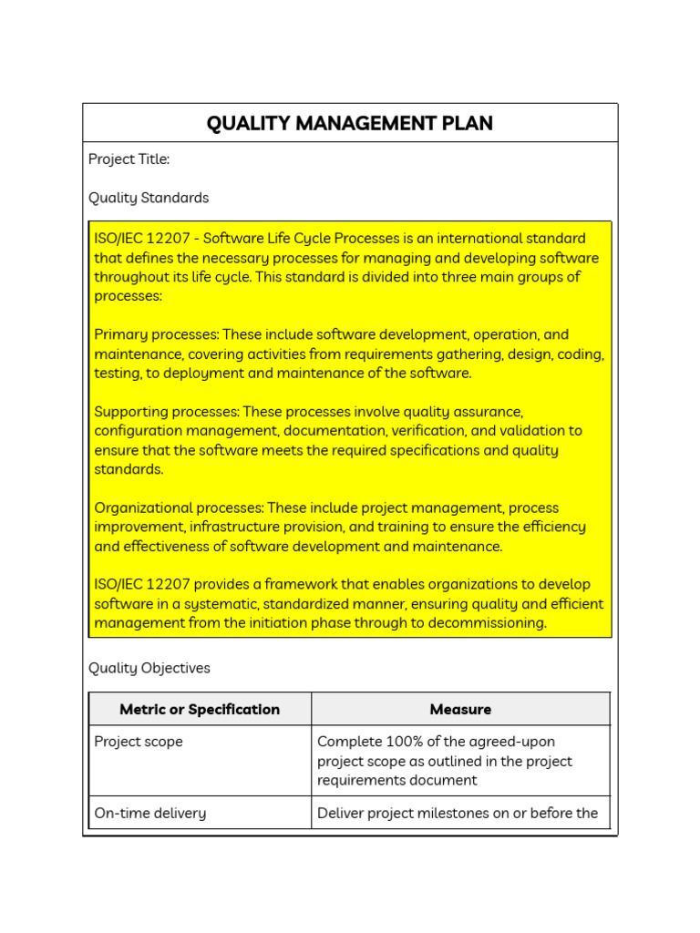 ISO/IEC 12207 Quality Management Plan | PDF | Software Testing ...
