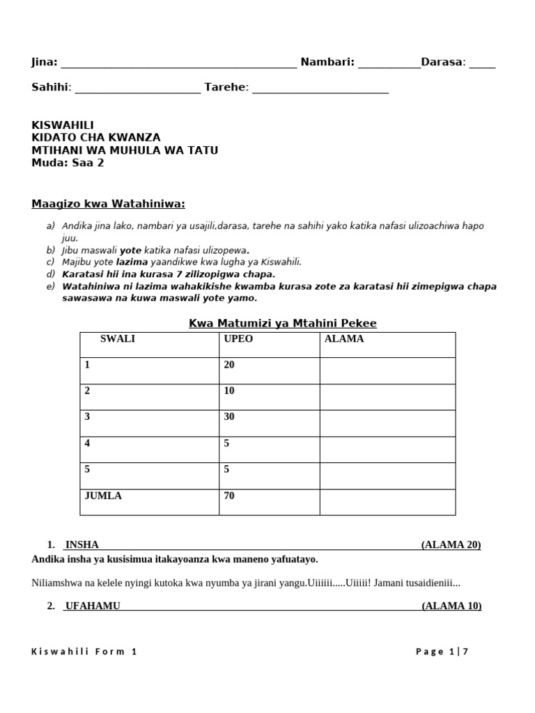 Kiswahili f1 Qs | PDF