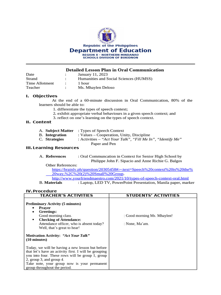 Detailed Lesson Plan Copy | PDF | Communication | Conversation