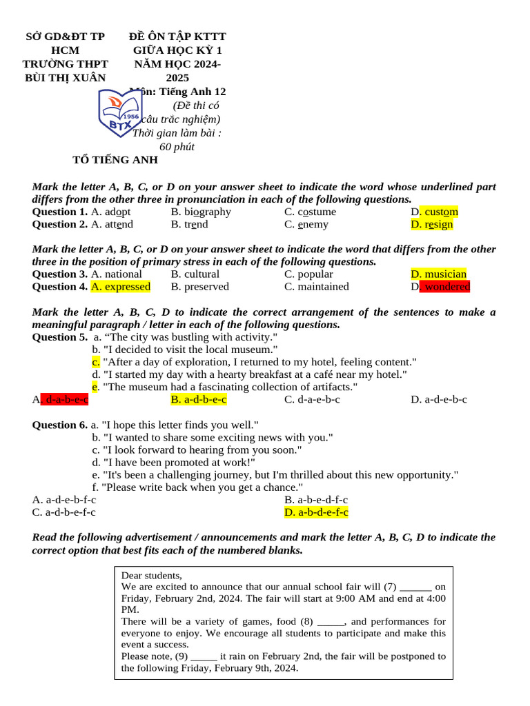 ANH 12 - ON TAP GIUA KY 1-MINH LUAN | PDF