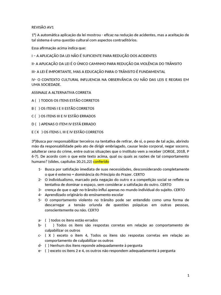 Roteiro de Estudo para AV1 2024 1 | PDF | Tráfego | Agressão
