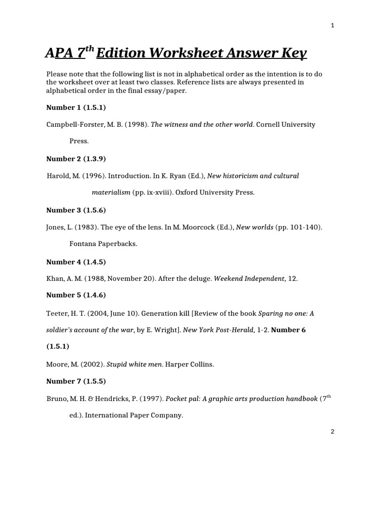 APA Worksheet 2020 Answers | PDF