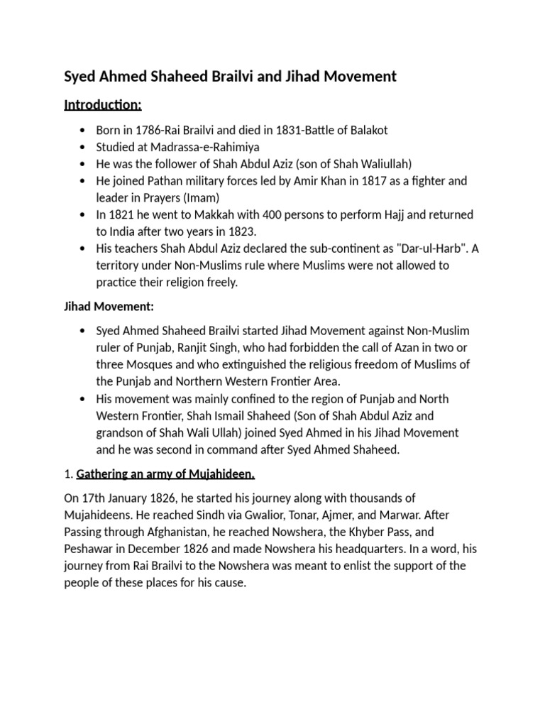 Syed Ahmed Shaheed Brailvi and Jihad Movement (Ref Notes) | PDF