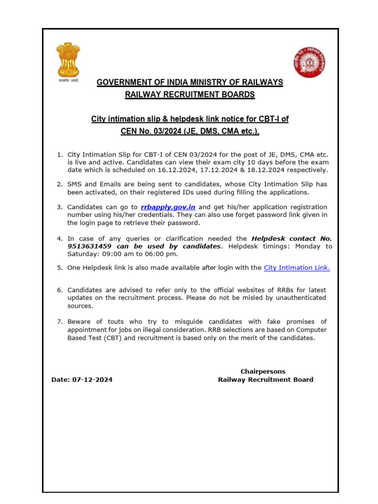 03-2024 City Intimation Slip Notice | PDF