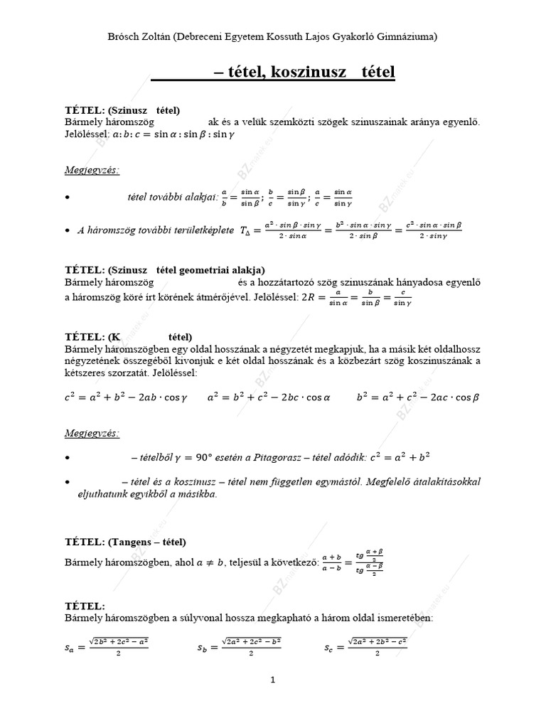 Trigonometria III. Szinusz Koszinusz Tetel E 2 | PDF