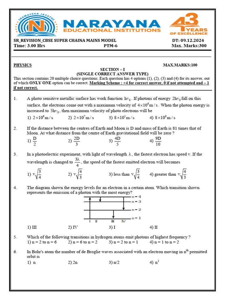SR - Revision - Cbse Super Chaina Mains Model - PTM-06 - QP 09.12.2024 | PDF | Electron | Anode