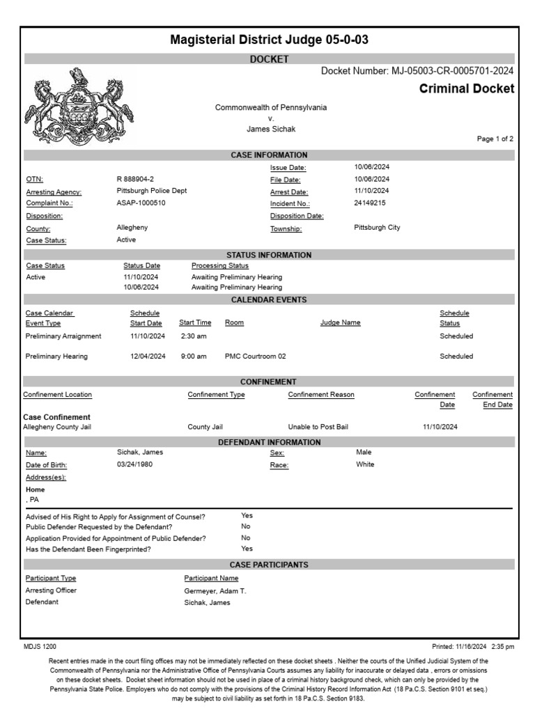 MdjDocketSheet for someone | PDF | Bail | Magistrate