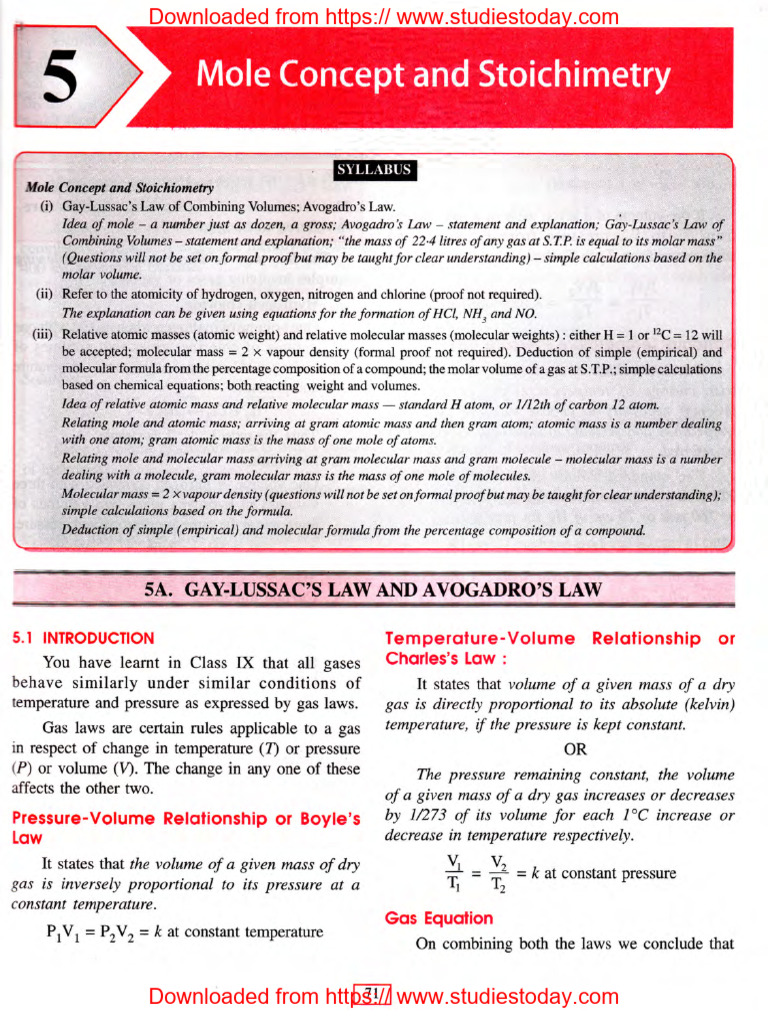 ICSE Class 10 Chemistry Chapter 05 Mole Concept and Stoichimetry | PDF | Chemistry | Physical ...