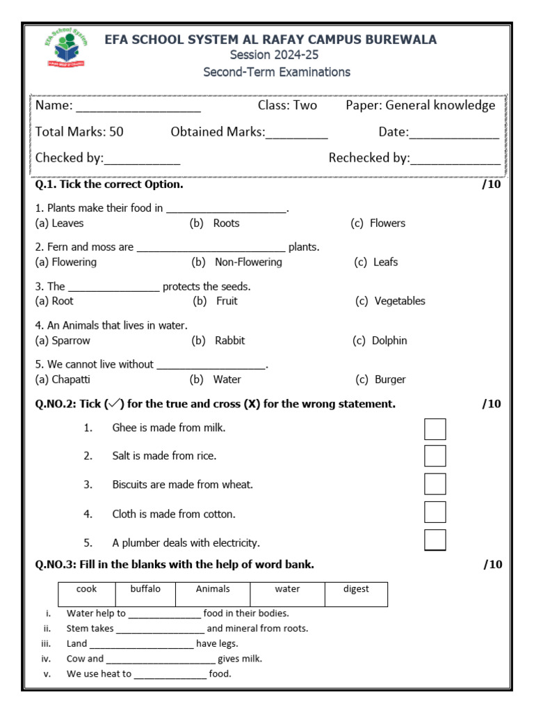 EFA Al Rafay Campus Exam Paper 2024-25 | PDF | Foods | Plants
