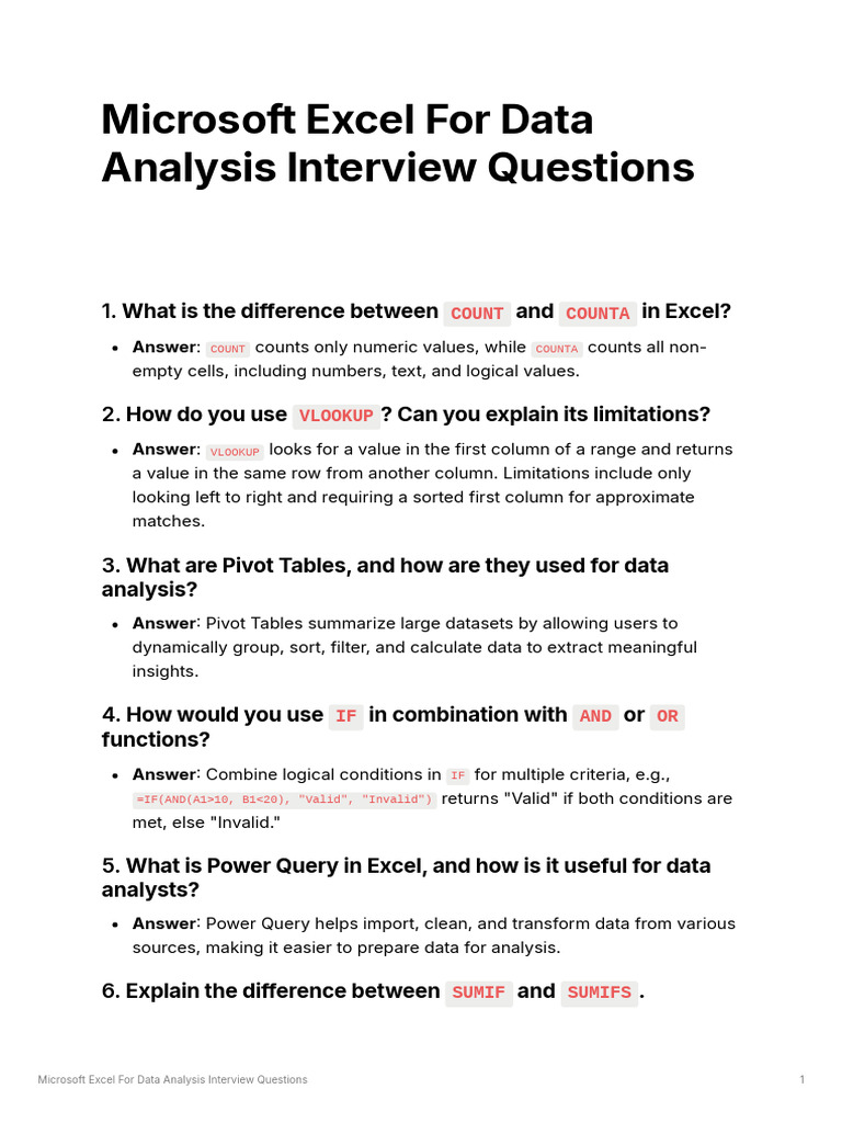 Microsoft Excel For Data Analysis Interview Questions 1727038060 | PDF | Information Technology ...