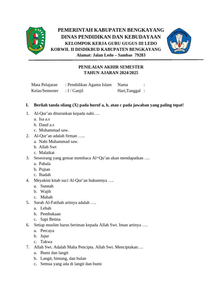 Soal Pas Pai Kelas 1 Ganjil 2024 | PDF