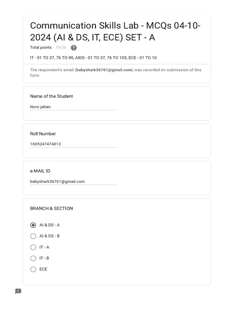 Communication Skills Lab - MCQs 04-10-2024 (AI & DS, IT, ECE) SET - A | PDF | Speech | Fluency