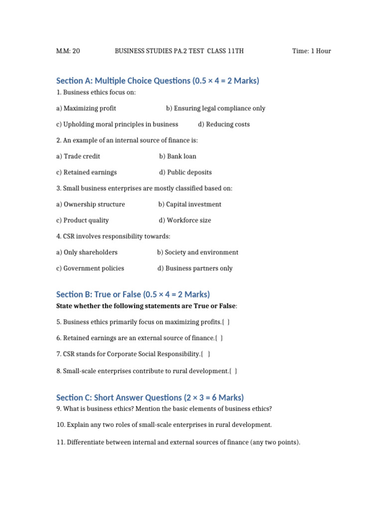 Class_11_Business_Studies_PA2_Test_Paper | PDF